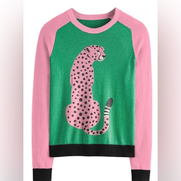 OXKnit | Sweaters | Pink Cheetah On Green Black Sweater Size Small Soft ...